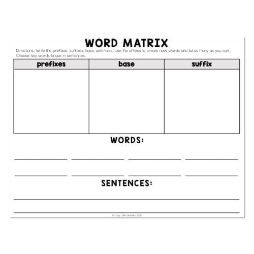 Morphology Wall - Prefixes Suffixes Base - Word Matrix - Lucky Little ...