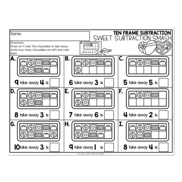 Math Worksheet - Ten Frame Subtraction - Sweet Subtraction Smash ...