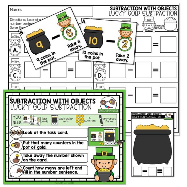 Kindergarten Math Center - March - Subtraction with Objects - Lucky ...