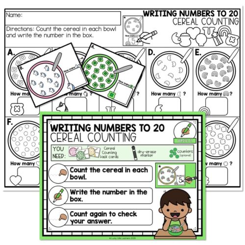 Kindergarten Math Center - March - Writing to 20 - Cereal Counting ...