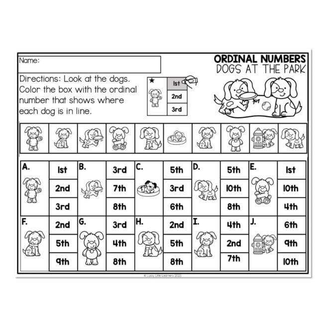 Math Worksheet – Ordinal Numbers – Dogs in the Park - Lucky Little Learners