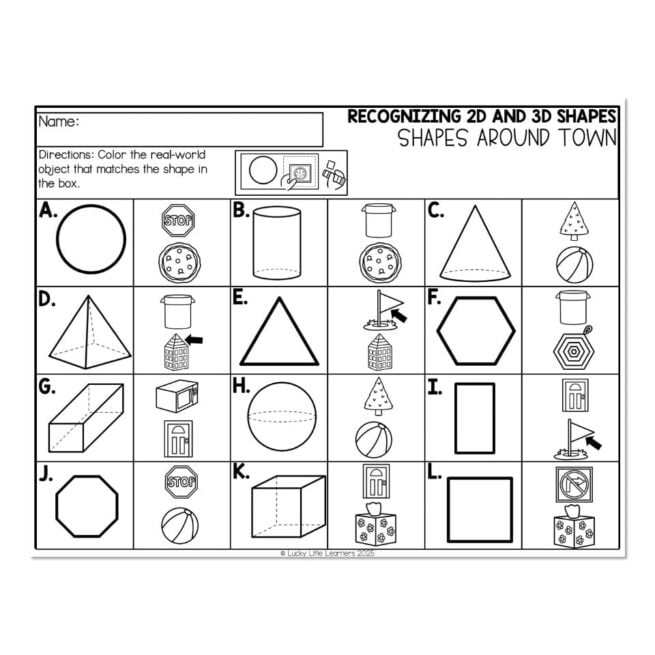Math Worksheet – Recognizing 2D and 3D Shapes – Shapes Around Town - Lucky Little Learners