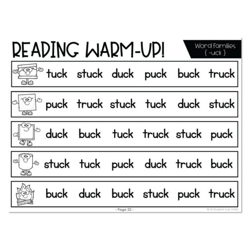 Reading Warm-Ups - Short Vowel Word Families - Short U - Lucky Little ...