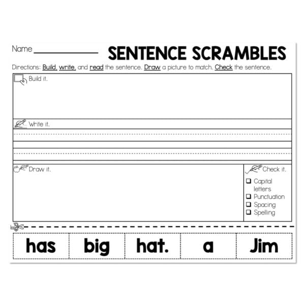 Sentence Scrambles - Kindergarten - CVC Words - Lucky Little Learners