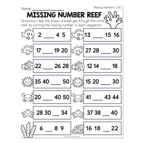 1st Grade Math - Missing Numbers 1-50 - Missing Number Reef Worksheet ...