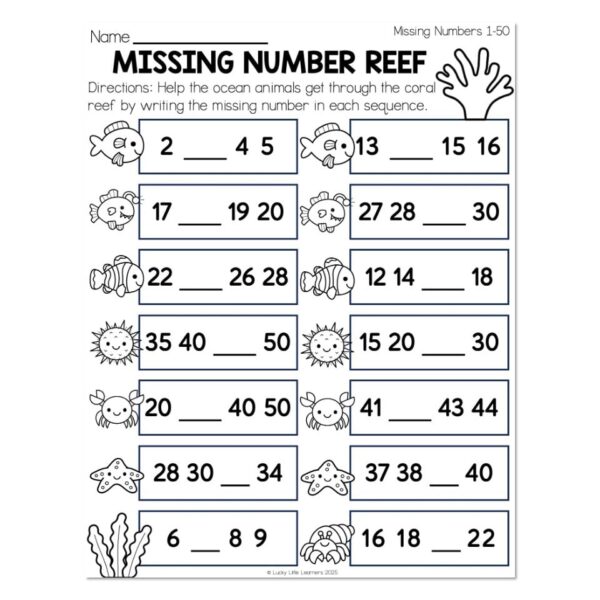 1st Grade Math - Missing Numbers 1-50 - Missing Number Reef Worksheet ...