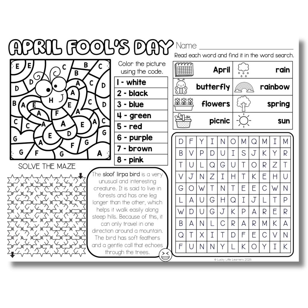 April Fool's Day Placemat - Prank and Joke Activity - Lucky Little Learners