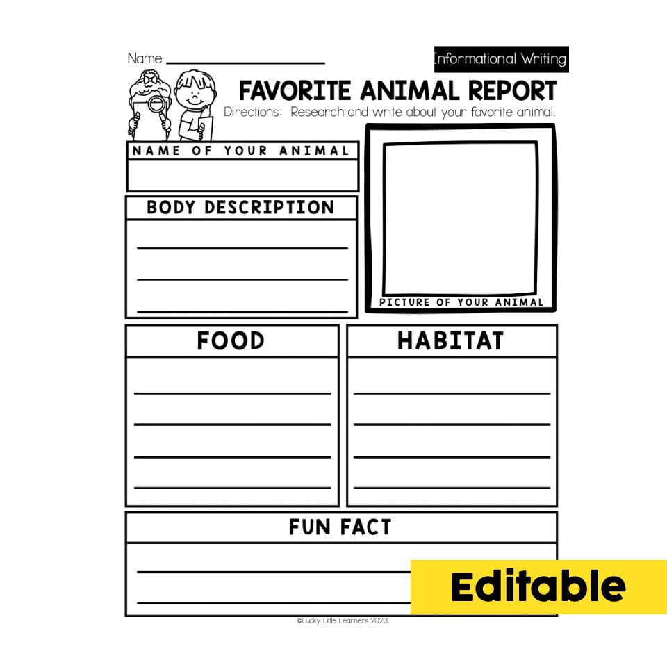 Editable Informational Writing – Favorite Animal Report - Lucky Little ...
