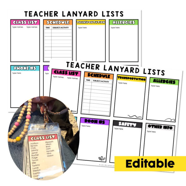 Editable Teacher Lanyard Lists - Lucky Little Learners