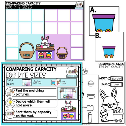 Kindergarten Math Center - April - Comparing Capacity - Egg Dye Sizes ...