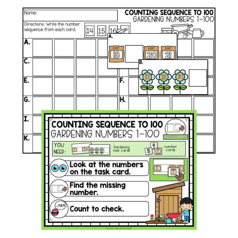 Kindergarten Math Center - April - Counting Sequence to 100 - Gardening ...
