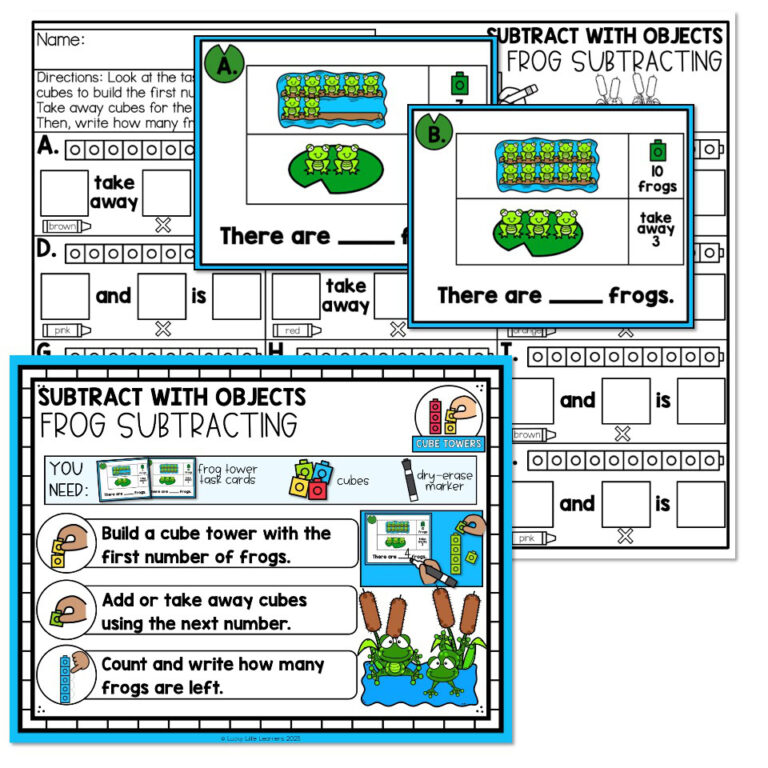 Kindergarten Math Center - April - Subtract with Objects - Frog ...
