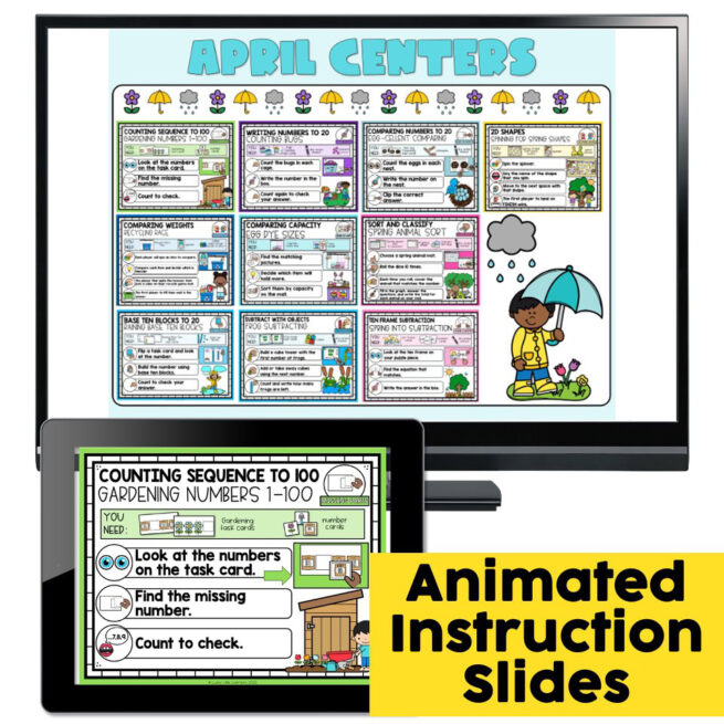 Kindergarten Math Centers - April - Animated Instruction Slides - Lucky ...