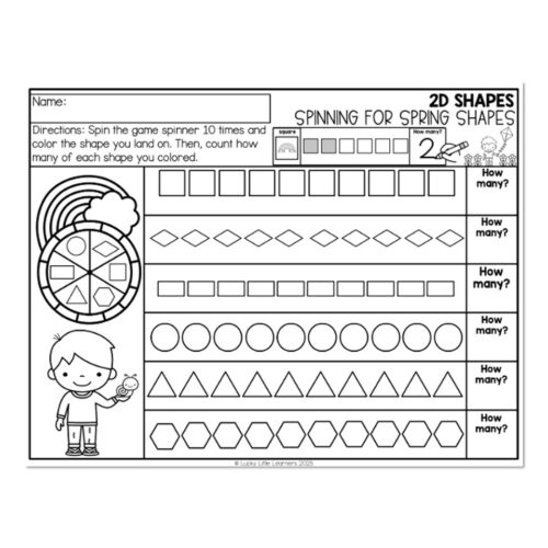 Math Worksheet - April - 2D Shapes - Spinning for Spring Shapes - Lucky ...