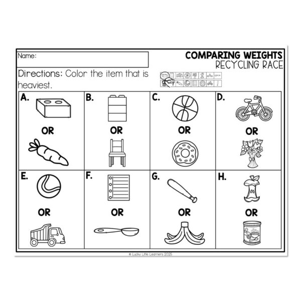 Math Worksheet - April - Comparing Weights - Recycling Race - Lucky ...