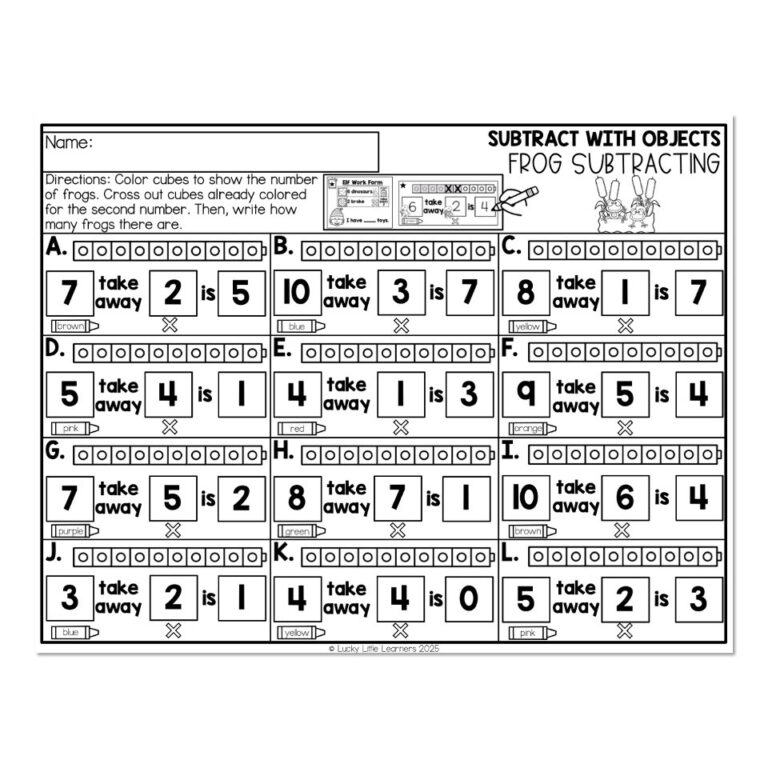 Math Worksheet - April - Subtract with Objects - Frog Subtracting ...