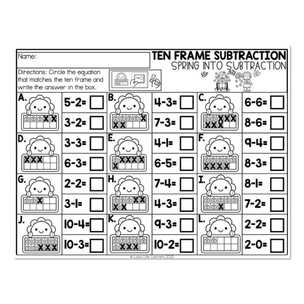 Math Worksheet - April - Ten Frame Subtraction - Spring Into ...