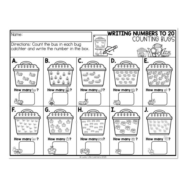 Math Worksheet - April - Writing Numbers to 20 - Counting Bugs - Lucky ...