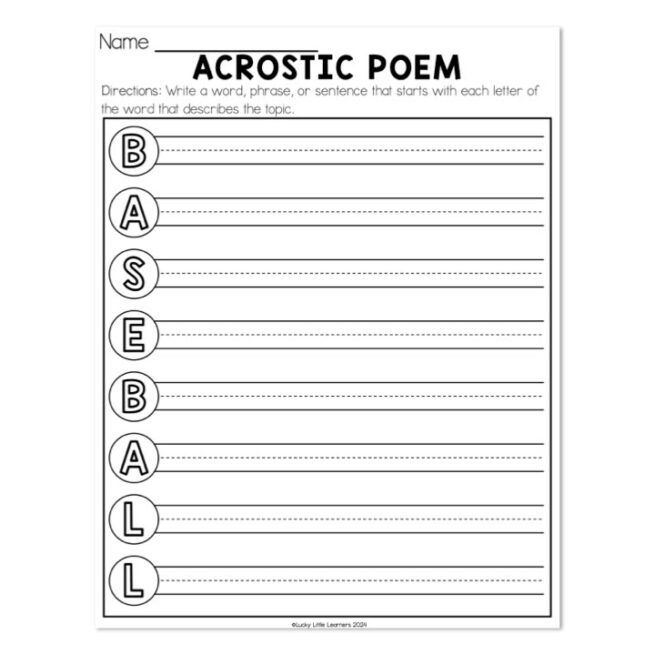 Monthly Writing Centers - May - Acrostic Poem - Baseball - Lucky Little ...