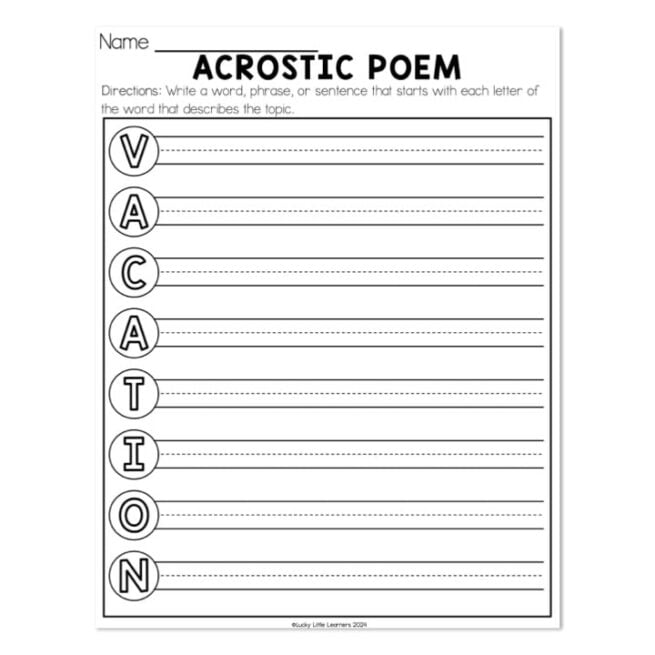 Monthly Writing Centers - May - Acrostic - Vacation - Lucky Little Learners