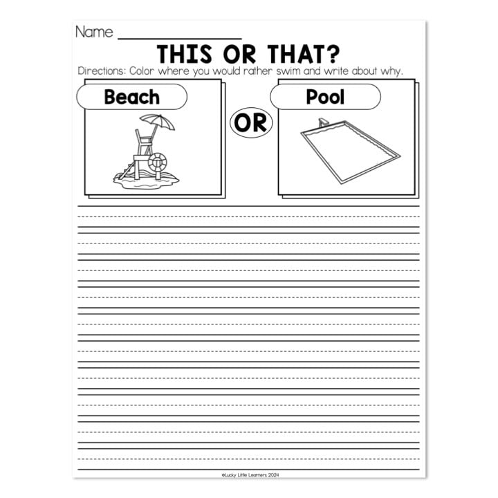 Monthly Writing Centers - May - This or That - Beach or Pool - Lucky ...