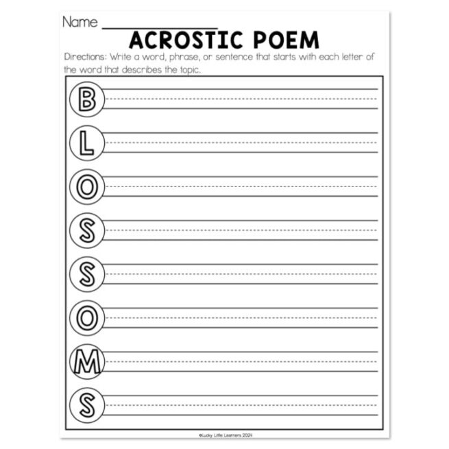 Monthly Writing Centers - April - Acrostic Poem - Blossoms - Lucky ...