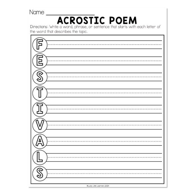 Monthly Writing Centers - August - Acrostic Poem - Festivals - Lucky ...