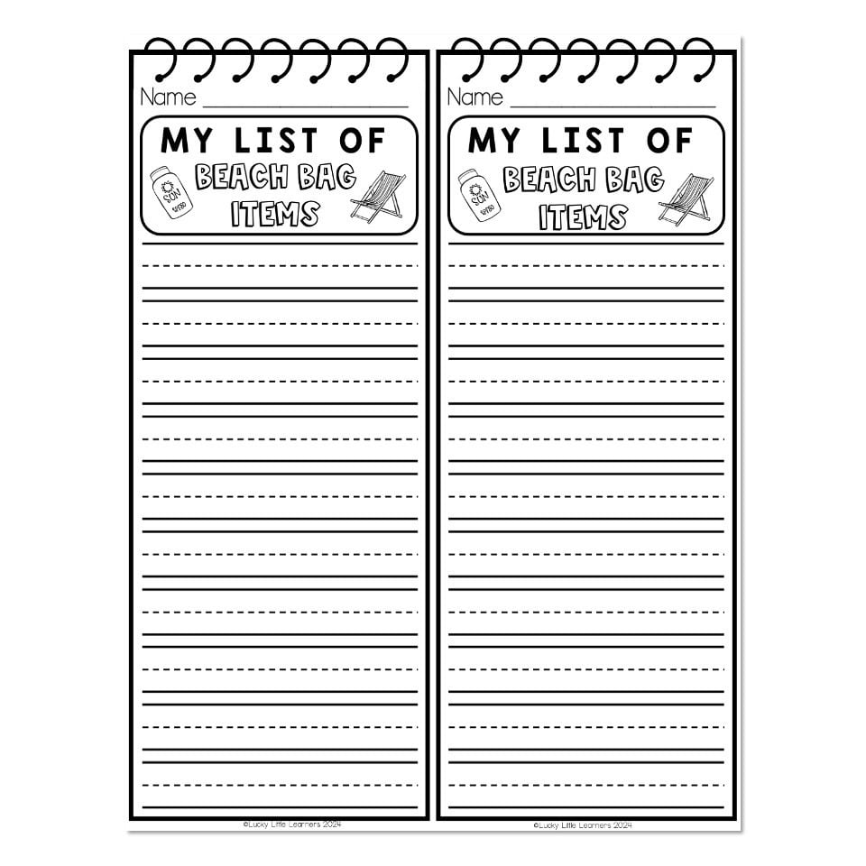 Monthly Writing Centers - August - List - Beach Bag Items - Lucky ...