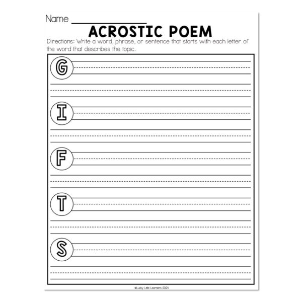 Monthly Writing Centers - December - Acrostic Poem - Gifts - Lucky ...