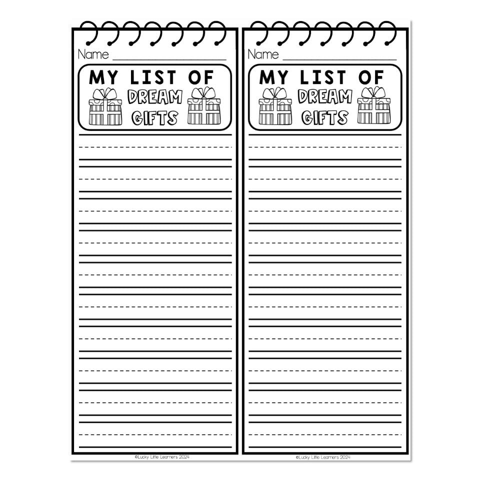 Monthly Writing Centers - December - List - Dream Gifts - Lucky Little ...