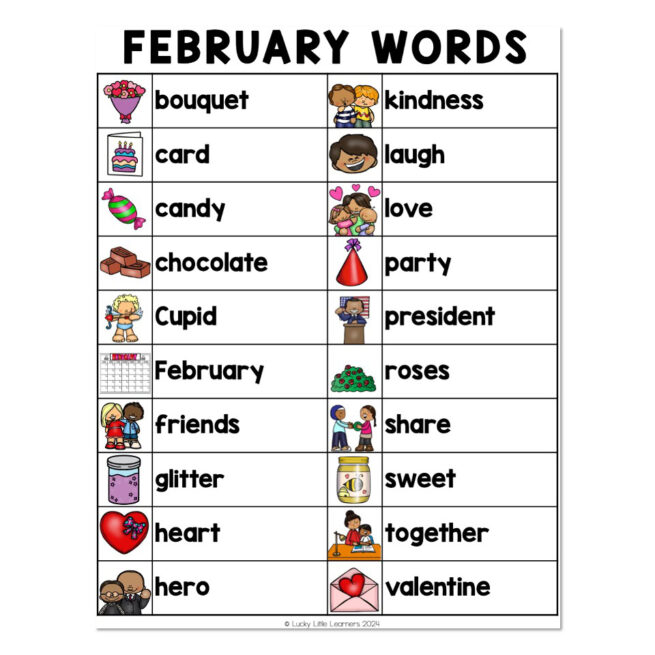 Monthly Writing Centers - February - February Words - Lucky Little Learners
