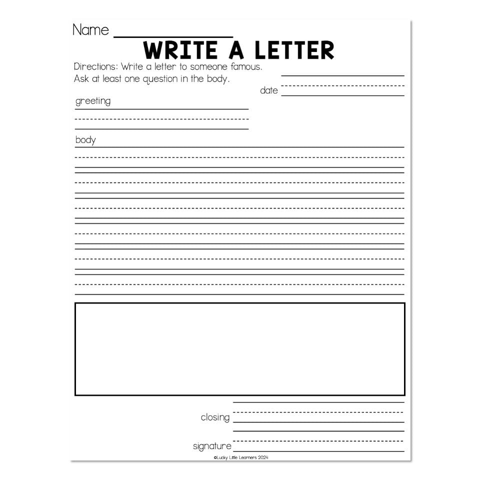 Monthly Writing Centers - February - Letter - Someone Famous - Lucky ...