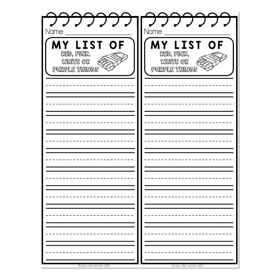 Monthly Writing Centers - February - List - Red Pink White Purple ...