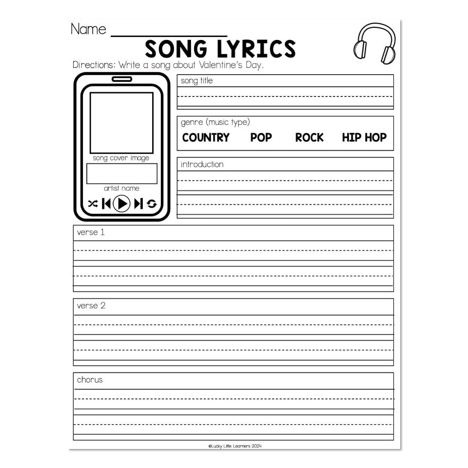 Monthly Writing Centers - February - Song Lyrics - Valentine's Day ...