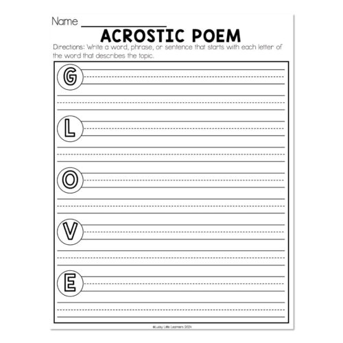 Monthly Writing Centers - January - Acrostic Poem - Glove - Lucky ...