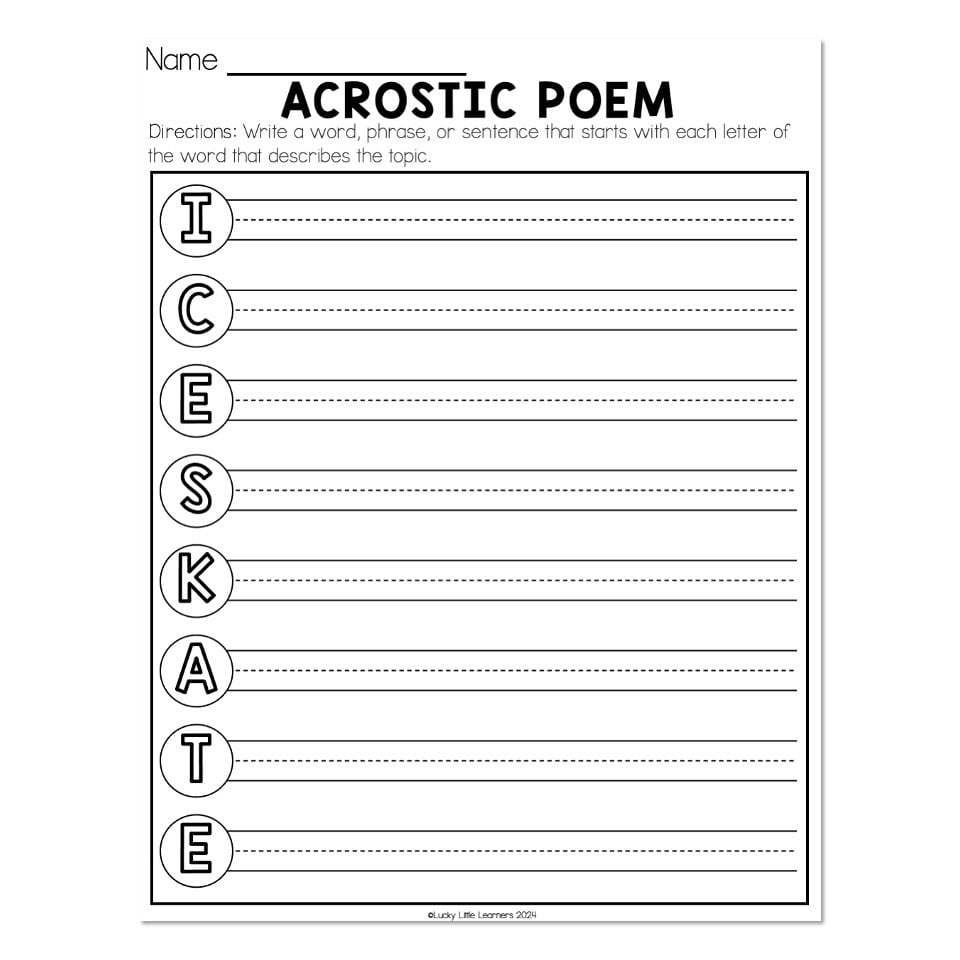Monthly Writing Centers - January - Acrostic Poem - Ice Skate - Lucky ...