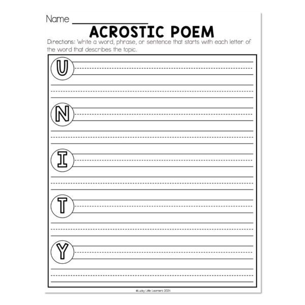 Monthly Writing Centers - January - Acrostic Poem - Unity - Lucky ...