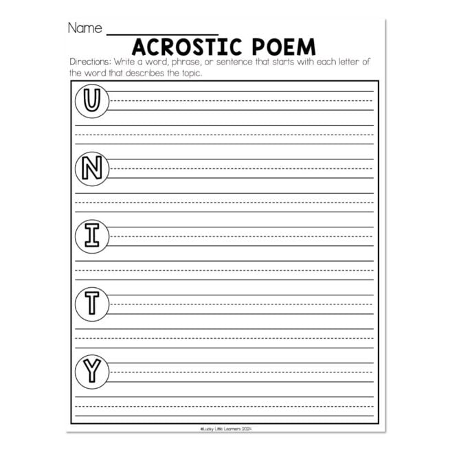 Monthly Writing Centers - January - Acrostic Poem - Unity - Lucky ...