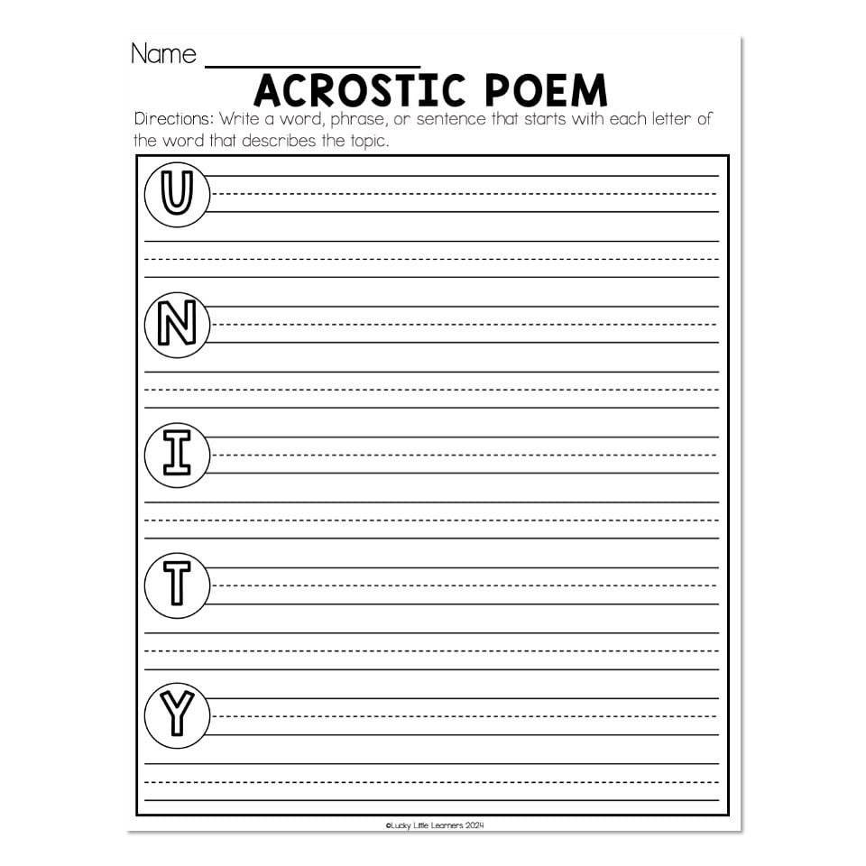Monthly Writing Centers - January - Acrostic Poem - Unity - Lucky ...