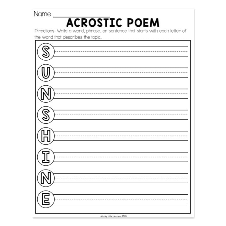 Monthly Writing Centers - March - Acrostic Poem - Sunshine - Lucky ...