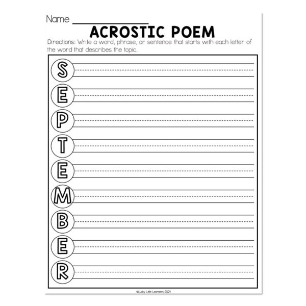 Monthly Writing Centers - September - Acrostic Poem - September - Lucky ...