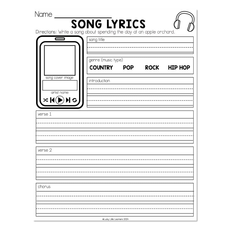 Monthly Writing Centers - September - Song Lyrics - Apple Orchard ...