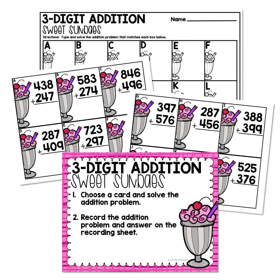 2nd Grade February Math Center – 3-Digit Addition - Sweet Sundaes Task ...