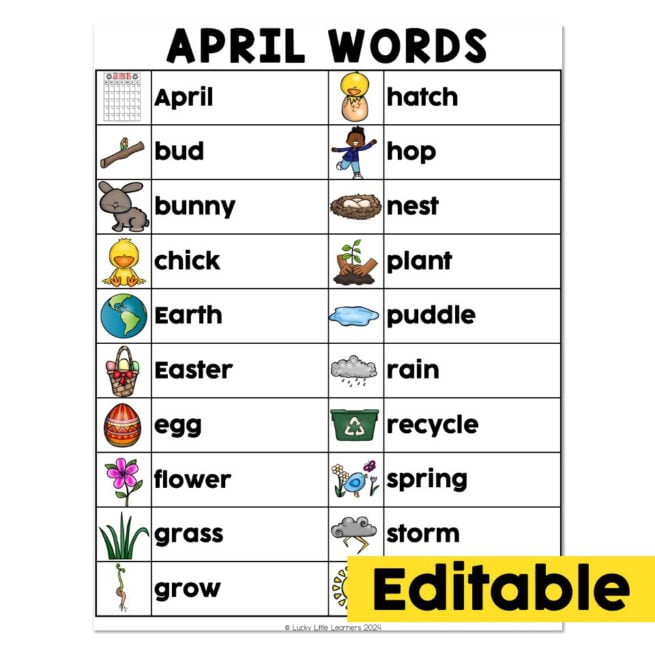 Editable April Word List - Lucky Little Learners