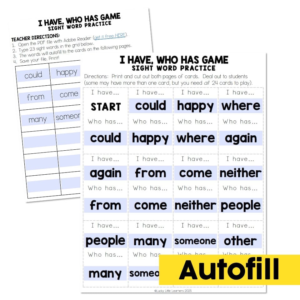 I Have Who Has - Sight Words - Autofill - Lucky Little Learners