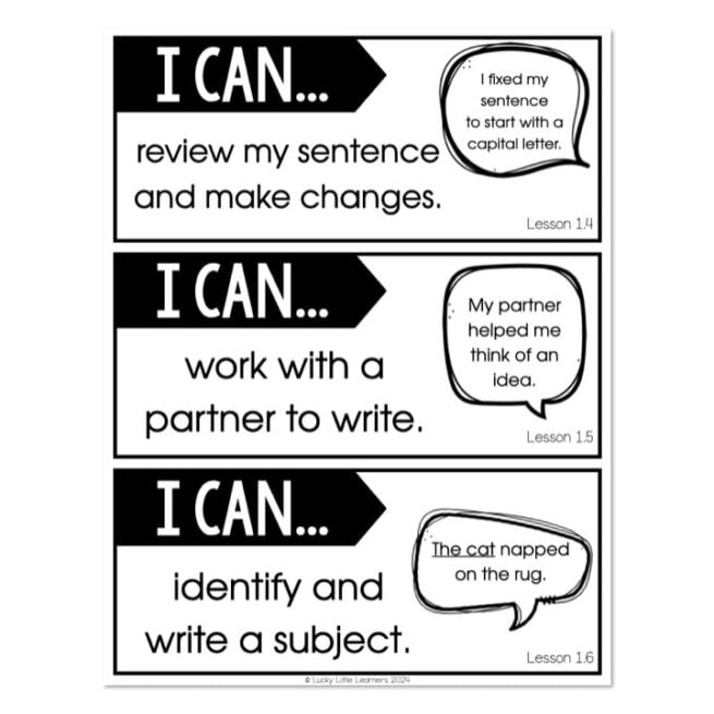 Lucky To Learn Writing Unit 1 I Can Statements Set 2 - Lucky Little ...