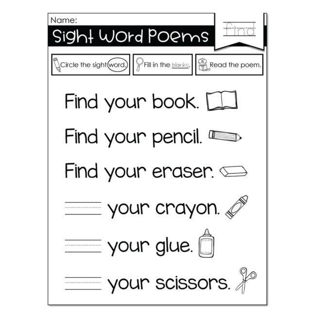 Sight Word Poems - Find - Lucky Little Learners