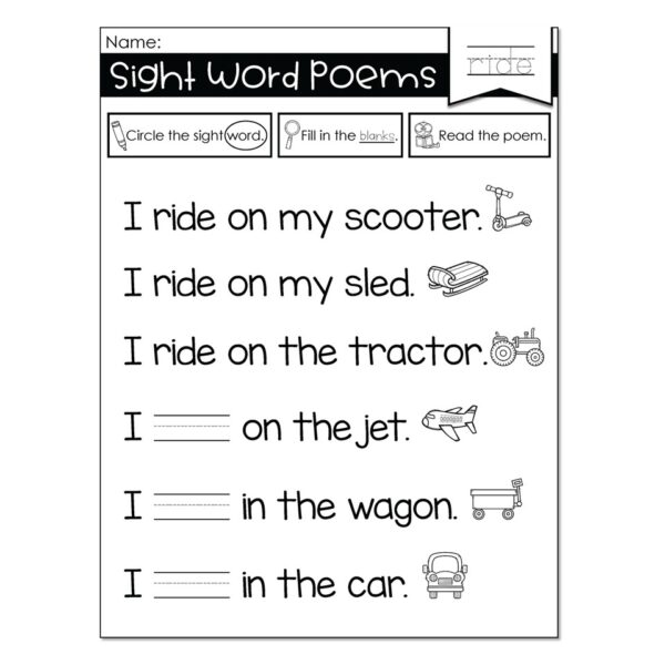 Sight Word Poems - Ride - Lucky Little Learners