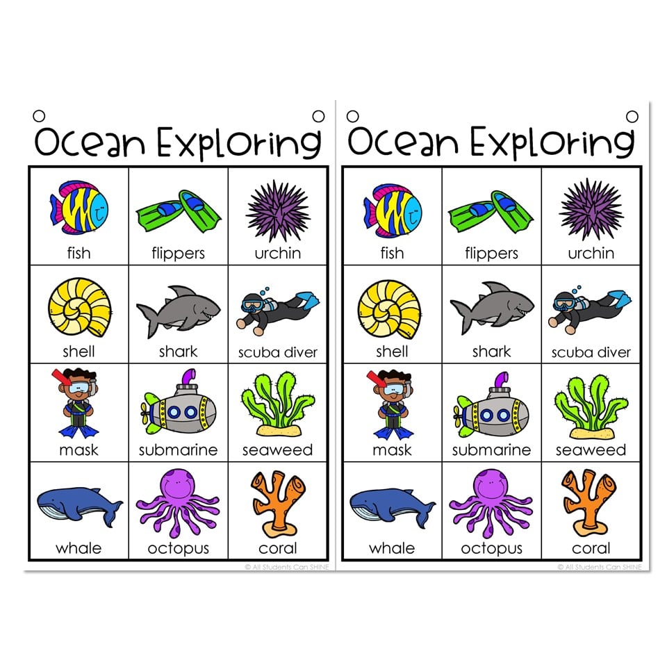 Themed Vocabulary Word Lists - Ocean Exploring - Lucky Little Learners