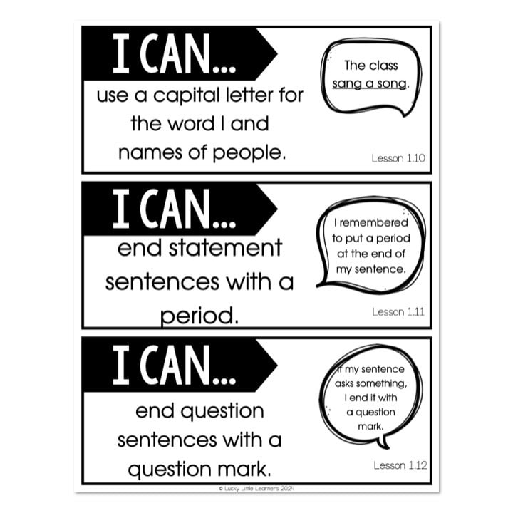 Lucky To Learn Writing Unit 1 Grammar I Can Statements Set 3 - Lucky ...